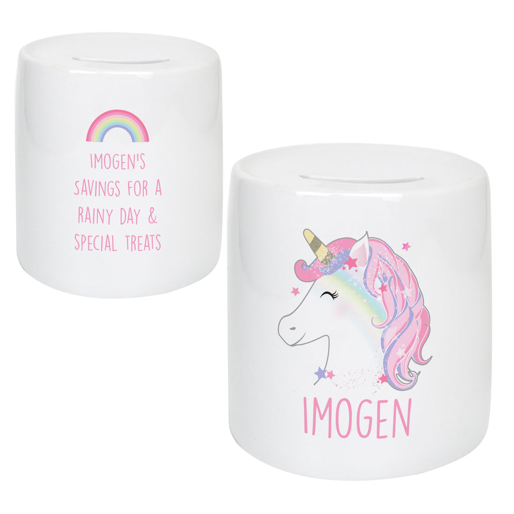 Personalised Girls Money Box, Unicorn. Childrens Piggy Bank